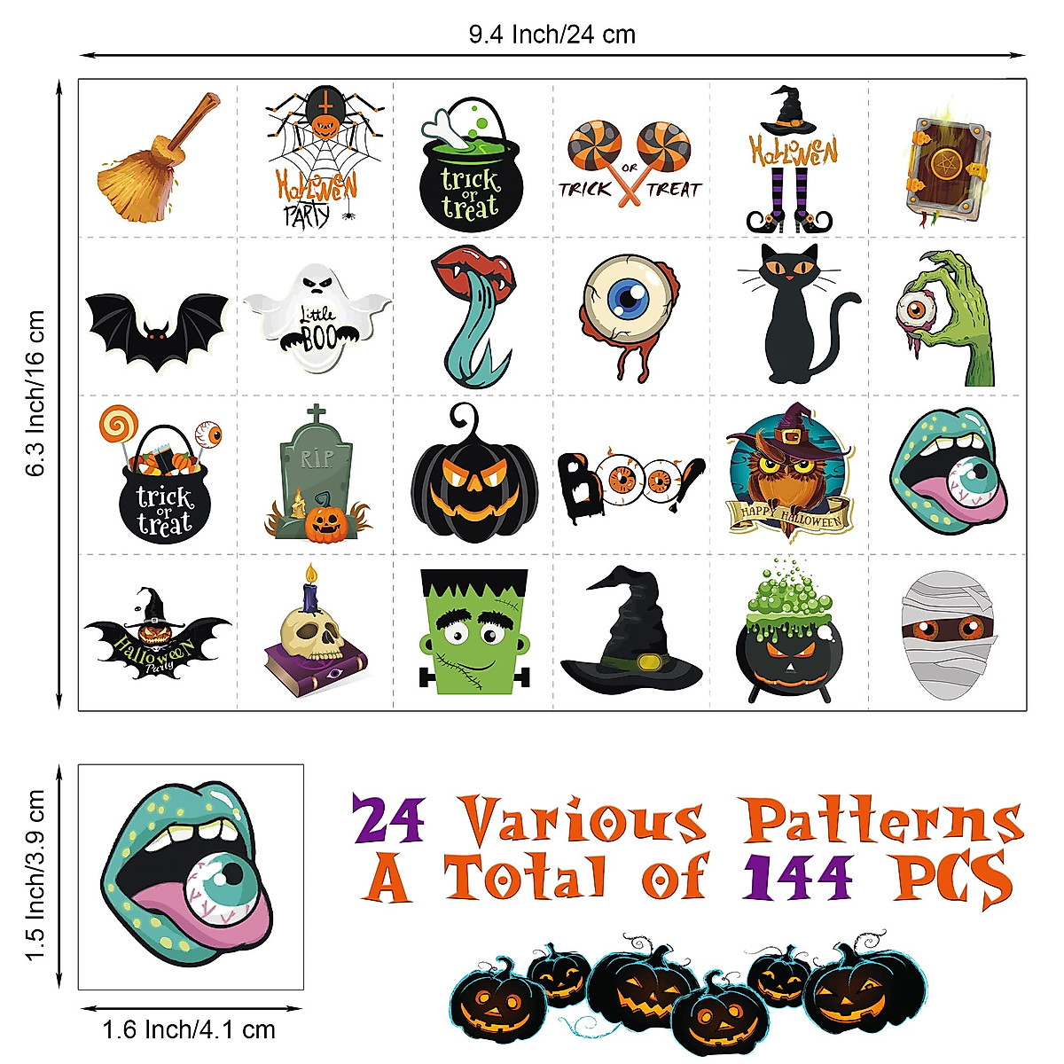 Grehge eces Halloween Temporary Tattoos Stickers 6 Sheets Halloween Themed Tattoos Body Sticker 24 Styles Halloween Party Waterproof Stickers for Halloween Party Favor Decor