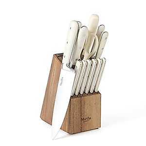 MARTHA STEWART Eastwalk 14 Piece High Carbon Stainless Steel Cutlery Knife Block Set w/ABS Triple Riveted Forged Handle Acacia Wood Block - Linen