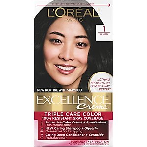 L'Oreal Paris Excellence Creme Permanent Triple Care Hair Color, 1 Black, Gray Coverage For Up to 8 Weeks, All Hair Types, Pack of 1