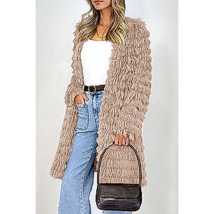 PRETTYGARDEN Women's Winter Faux Fur Jackets Fall Fashion Open Front Long Shaggy Coat Outerwear (Dark Khaki,Large)