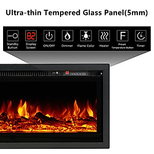 LUXOAK Electric Fireplace Inserts 60 Inch Wall Mounted Black Fireplaces Heater Adjustable Modern Flame Color for Living Room Log Set Crystal Fire Place with Remote Timer