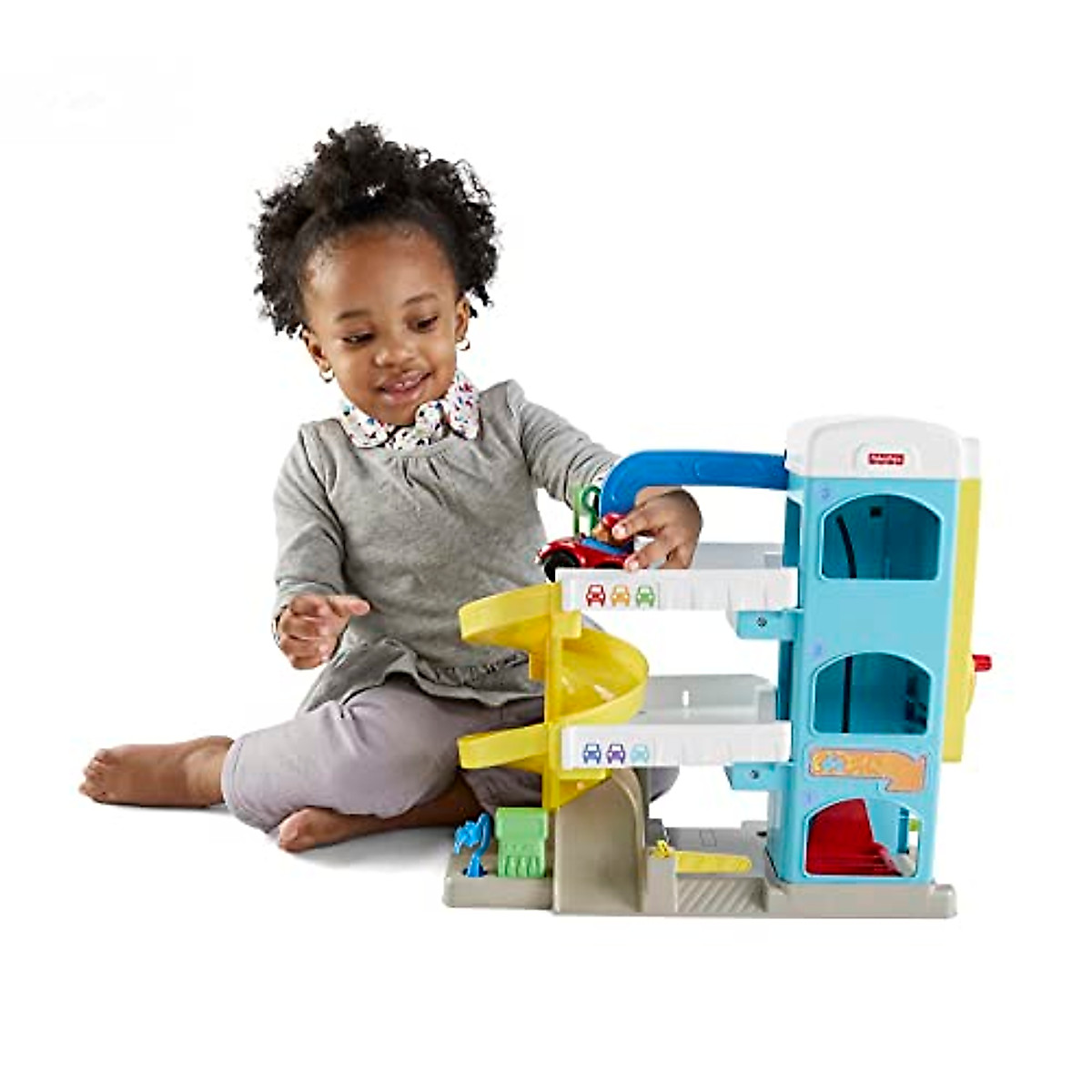 Fisher-Price Little People Toddler Toy Helpful Neighbor’S Garage Playset with Spiral Ramp and 2 Wheelies Cars for Ages 18+ Months