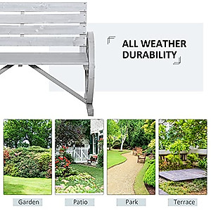 Outsunny Wooden Wagon Wheel Bench, Rustic Outdoor Patio Furniture, 2-Person Seat Bench with Backrest, Light Grey