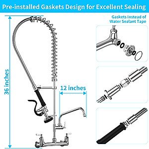JZBRAIN Commercial Faucet with Sprayer, 36'' Height 8 Inch Center Brass Constructed Wall Mount Kitchen Sink Faucet with Pull Down Pre-Rinse Sprayer and 12" Swing Spout Fit for 2/3 Compartment Sink