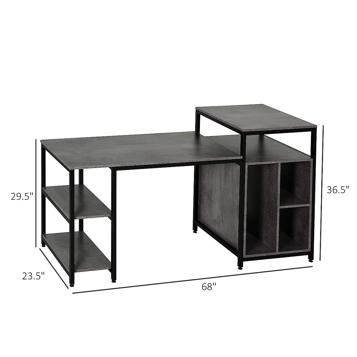 HOMCOM 68 Inch Office Table Computer Desk Workstation Bookshelf with CPU Stand, Spacious Storage Shelves & Chic Modern Woodgrain Design, Grey