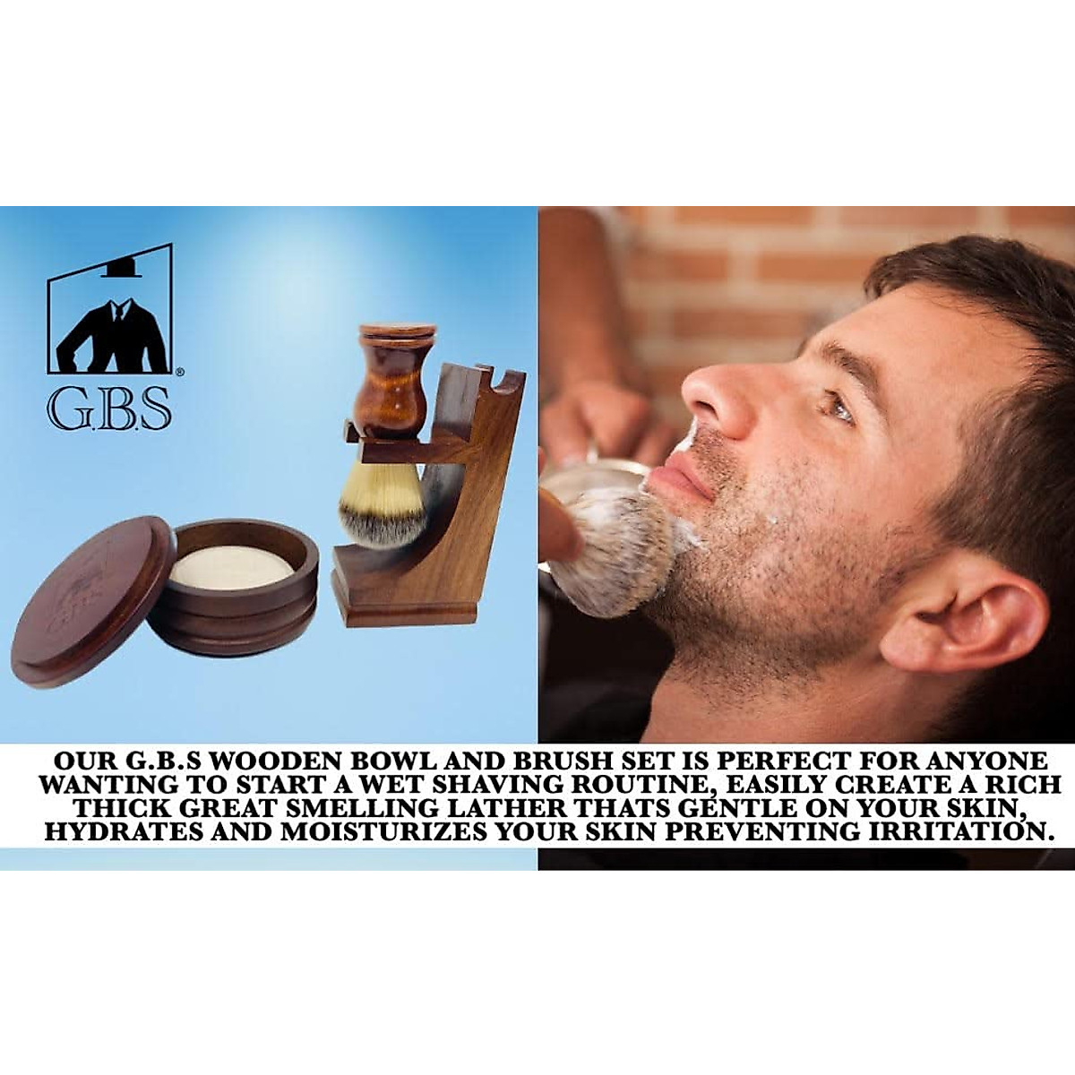 G.B.S Men's Wood Shaving Bowl and Shave Brush with Stand Set Christmas Gift for Men Stocking Stuffer Grooming Kit