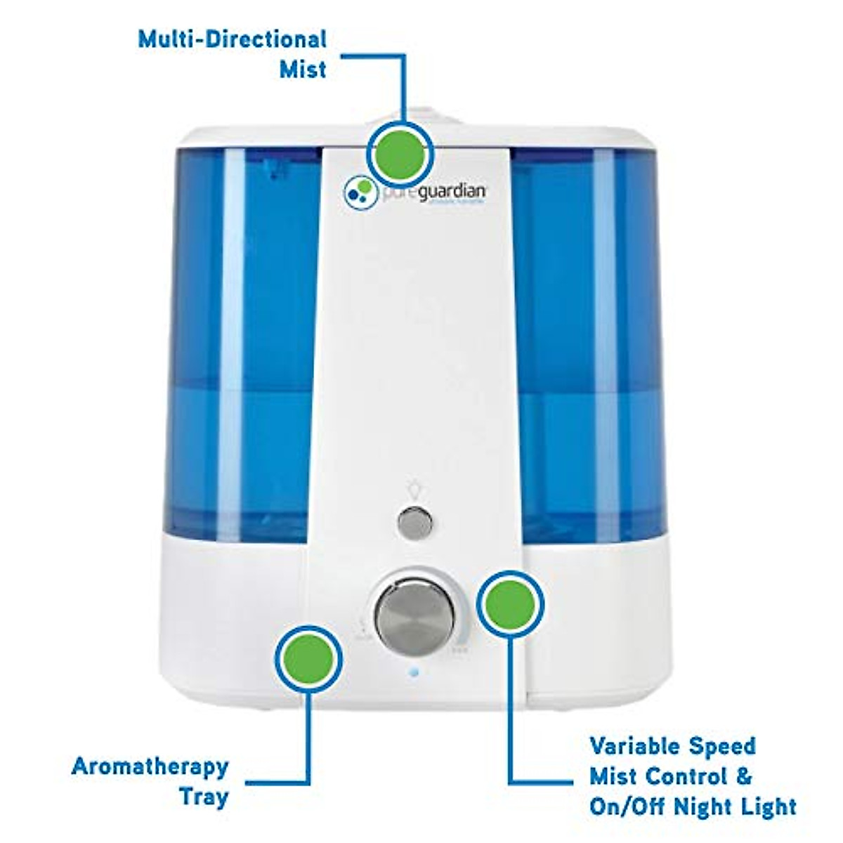 PureGuardian H1175WCA Ultrasonic Cool Mist Humidifier, 90 Hrs. Run Time, 1.5 Gal. Tank Capacity, 390 Sq. Ft. Coverage, Medium Rooms, Quiet, Filter Free, Silver Clean Treated Tank, Essential Oil Tray