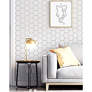 Fiula Gold and White Geometric Wallpaper Peel and Stick Wallpaper Hexagon White Wallpaper 17.3”×78.7”Decorative Shelf Drawer Liner Roll Waterproof