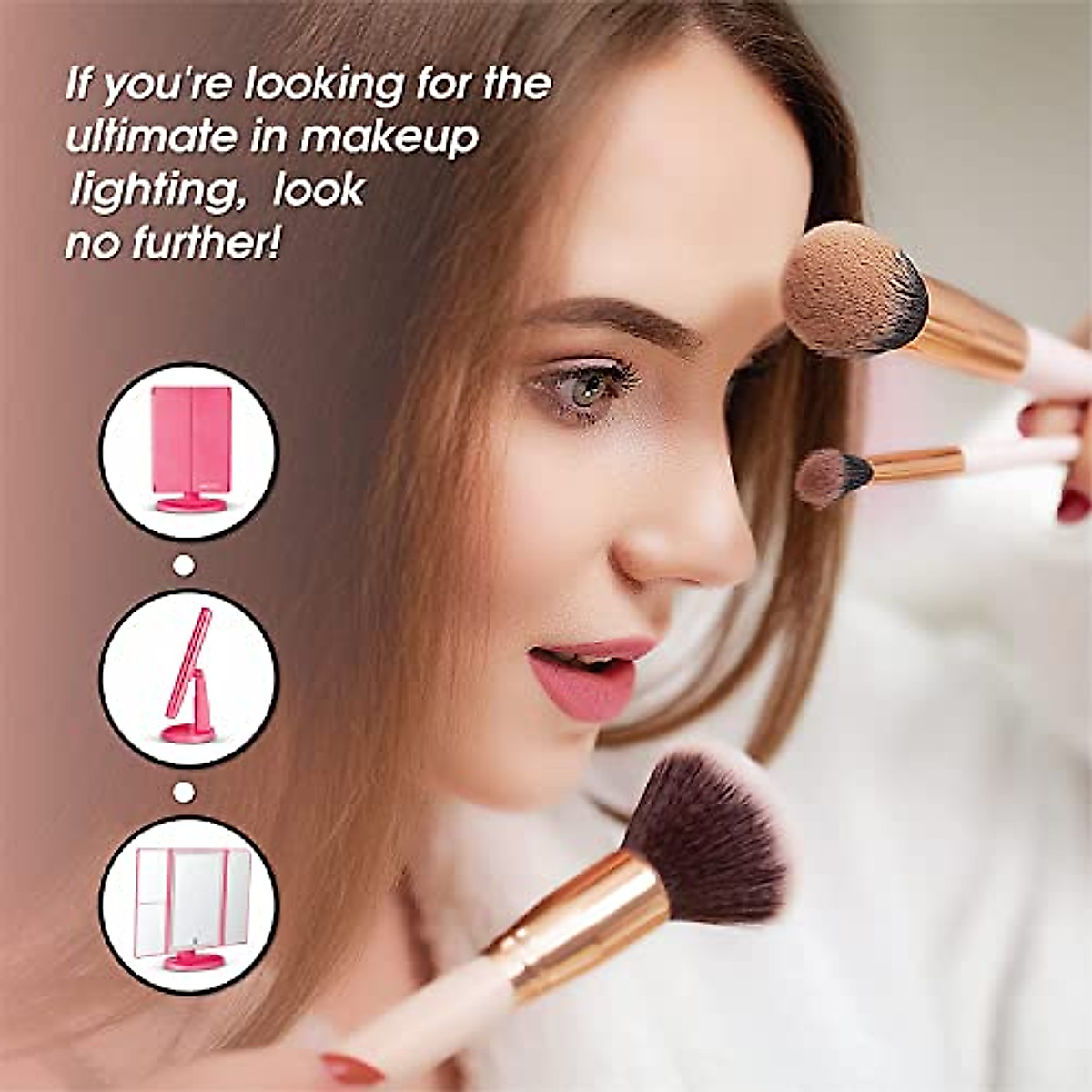 Beautyworks Backlit Makeup Vanity Mirror 36 LED Lights Touch-Screen Light Control, Tri-Fold 1/2/3X Magnification, Portable High-Definition Clarity Cosmetic Light Up Magnifying Mirror (Pink)