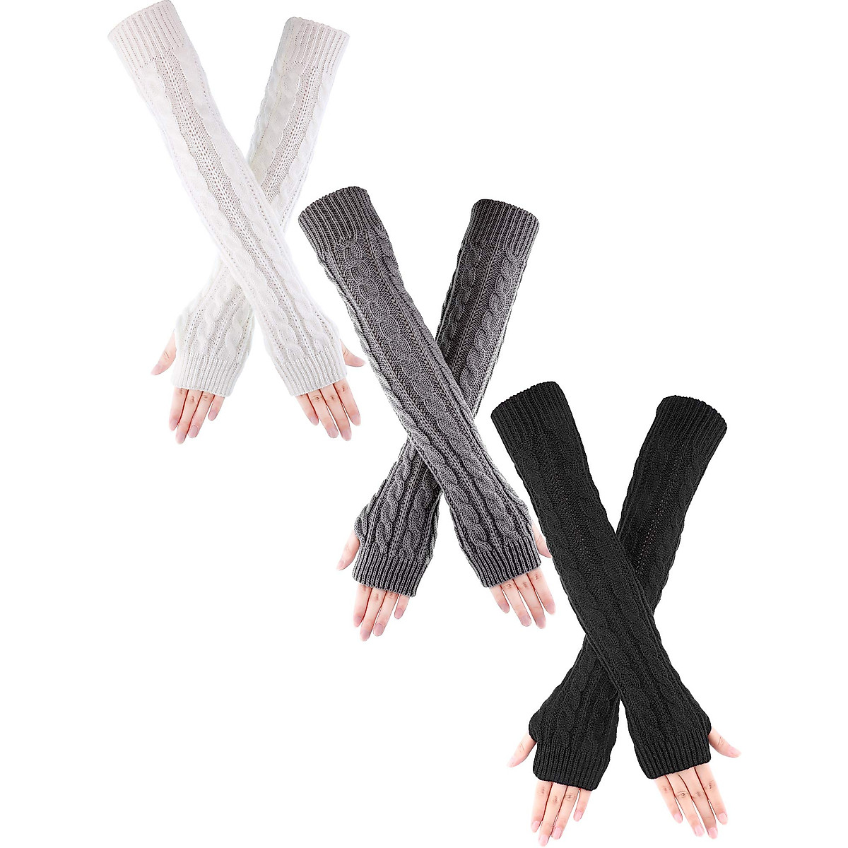 Bememo 3 Pairs Arm Warmers Long Fingerless Gloves Knit Wrist Warmers with Thumb Hole Open Finger Arm Socks for Women Adult(Black, White, Dark Gray)