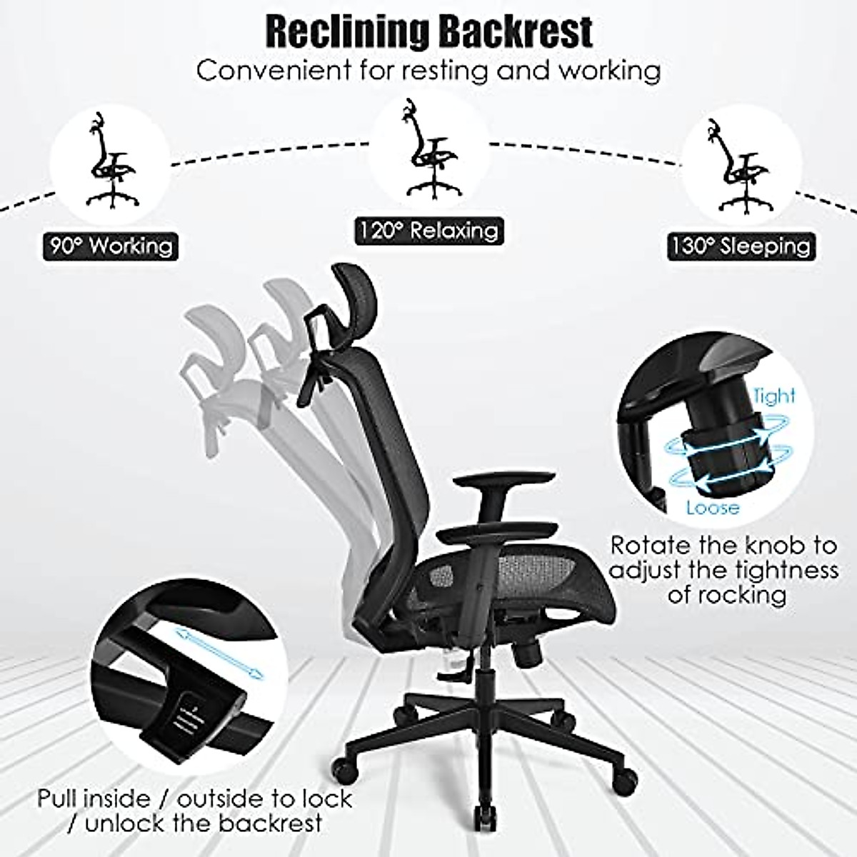 GOFLAME Ergonomic Mesh Office Chair, Swivel Executive Chair with Reclining High Backrest, Rotatable Headrest, Clothes Hanger and Lumbar Support, Height Adjustable Computer Desk Chair (Black)