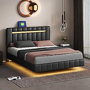 VilroCaz Modern Queen Size Floating Bed with LED Lights and USB Charging, PU Upholstered Platform Bed LED Bed Frame with Strong Wood Slats Support, No-Noise Design (A-Black)