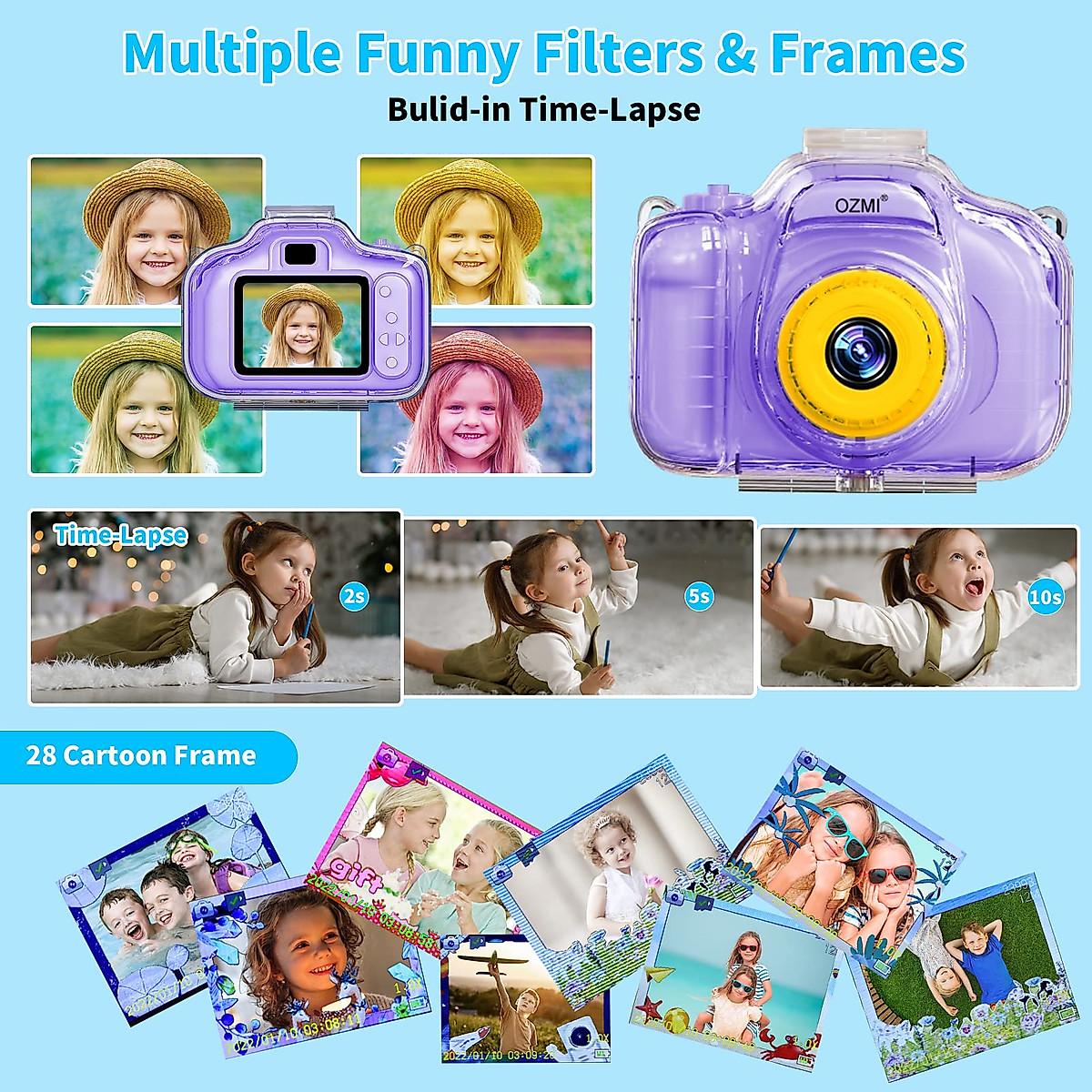 OZMI Gifts for 3 4 5 6 7 8 9 Year Old Girls Boys, Kids Selfie Underwater Waterproof Camera, Christmas Birthday Gifts for Toddler, Children Action Video Recorder Camera with 32GB SD Card, Purple