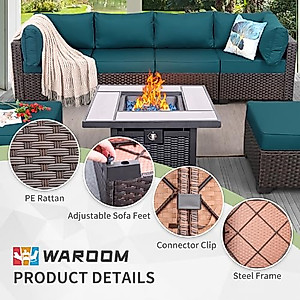Outdoor Patio Dark Brown Rattan 7 Piece Sectional Furniture Set PE Wicker Conversation Sofa with Gas Fire Pit Square Steel Table and Non-Slip 5" Thick Peacock Blue Cushion