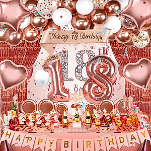 HJINGY 18th Birthday Decorations for Girls, Rose Gold Party Decorations Include Balloons, Backdrop, Curtains, Banner, Sash, Crown, Tablecloth, Plates, Cake Toppers for Women Girls Princess Queen Party