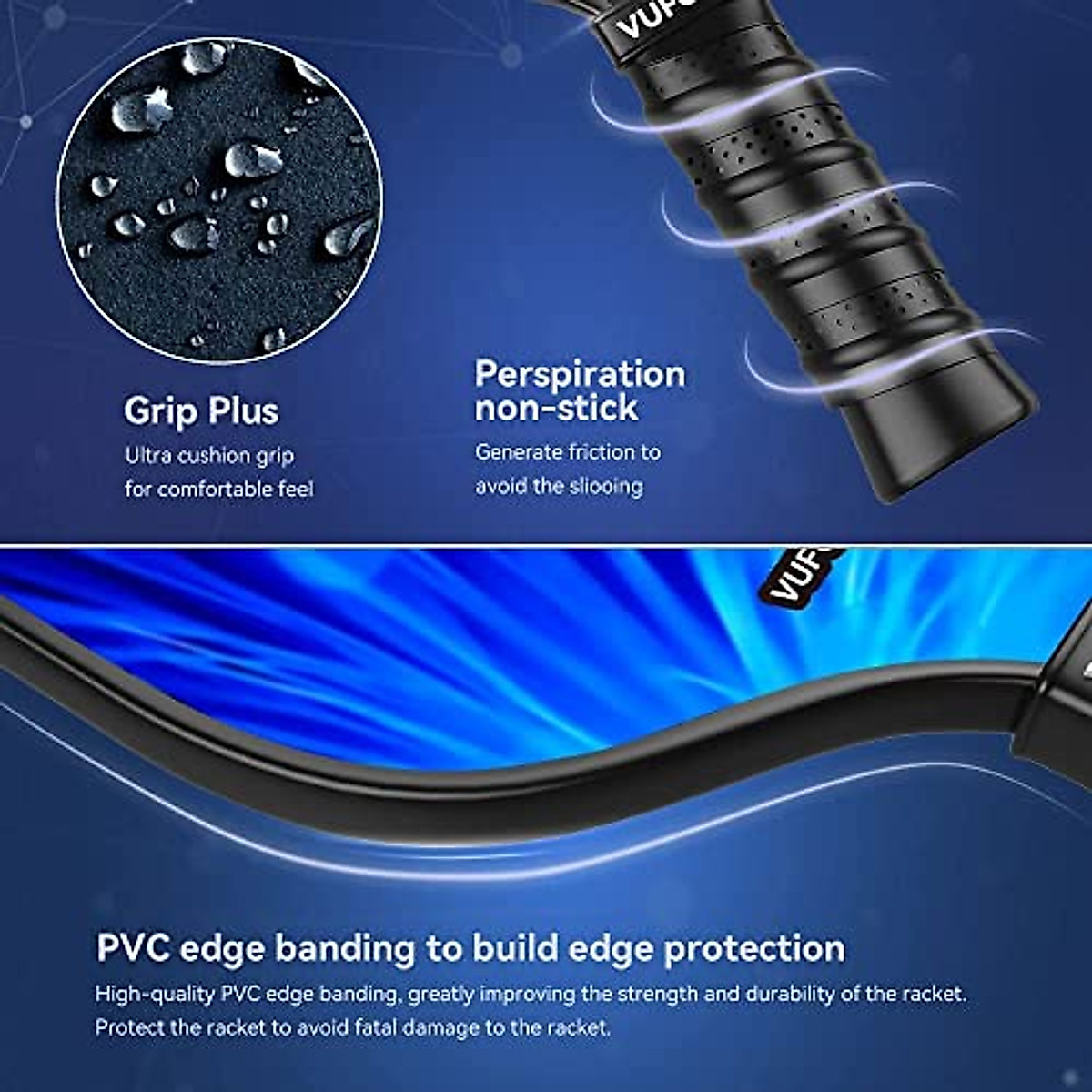 VUFOXT Pickleball Paddles Set of 2 , 99.99rbon Fiber,Graphite Honeycomb Core Graphite Face Cushion Comfort Grip 4.8In Grip, Lightweight Racquets with 4 Pickle Balls 1 Table Tennis Bag(Starry Blue)