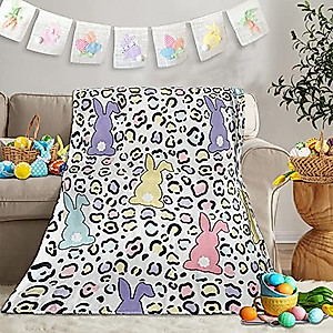 JUNJIELI Easter Blanket Spring Rabbit Easter Throw Blankets Colorful Eggs Flowers Flannel Bunny Ear Cozy&Soft Plush Fuzzy Snuggle Bed Sofa Camping Travel 50"x60"