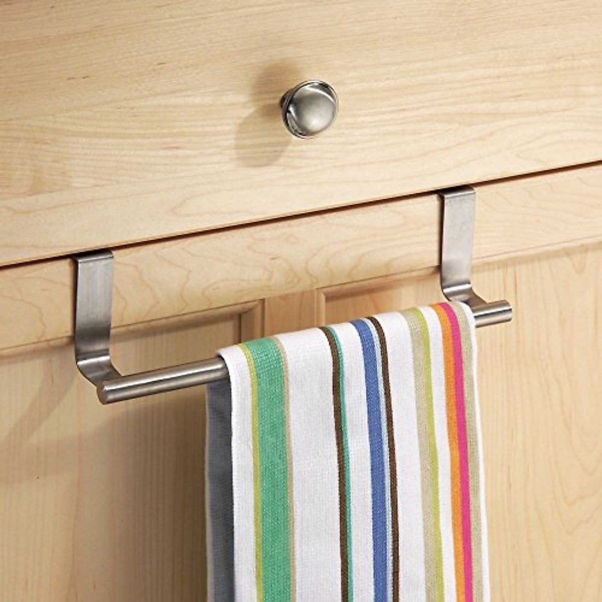 Mziart Towel Bar with Hooks for Bathroom and Kitchen, Brushed Stainless Steel Towel Hanger Over Cabinet Door (14inch)