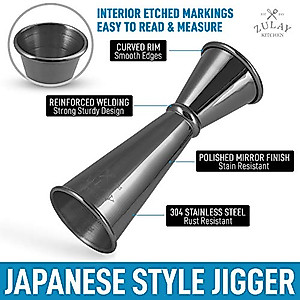 Zulay Kitchen Shot Measure Jigger For Bartending - Cocktail Jigger 18/8 Food-Grade Stainless Steel - Jigger 2 oz 1 oz Etched Markings - Cocktail Measuring Cup Japanese Jigger - Double Jigger (Black)