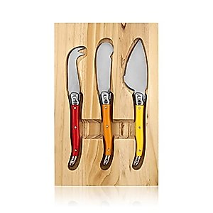 True Sunnyside Cheese Knives, Set of 3 Stainless Steel and Enamel Tools, Includes Wood Storage and Cheese Tray, Entertaining Gift Set