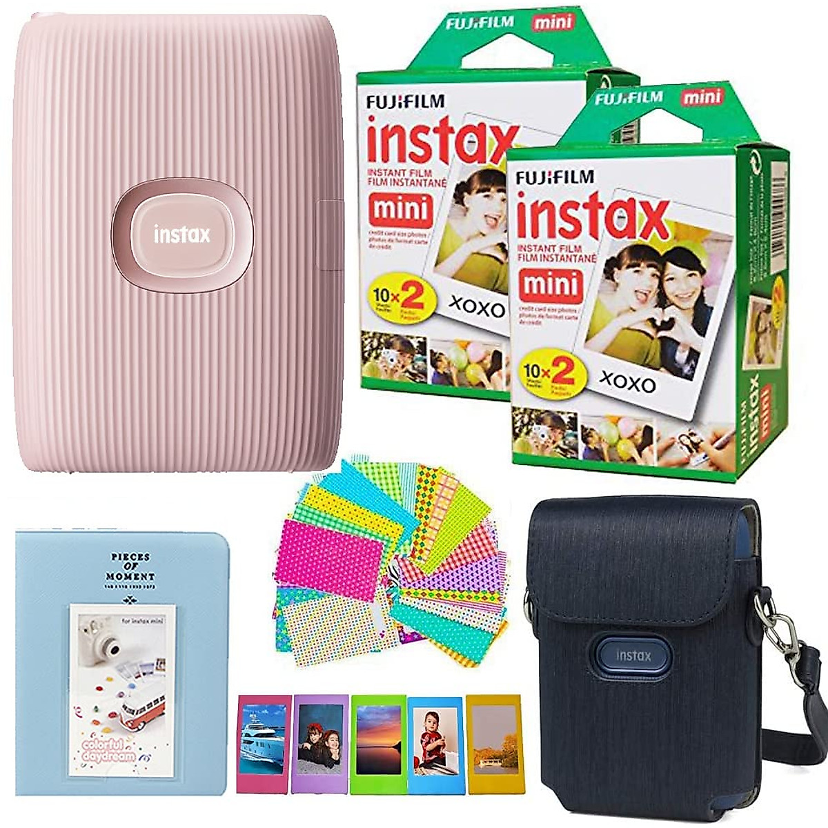 Fujifilm Instax Mini Link 2 Color Smartphone Printer - Soft Pink Instant Mini Film (40 Sheets) with Accessories Including Compatible Case with Strap, Photo Album, Stickers, Bundle