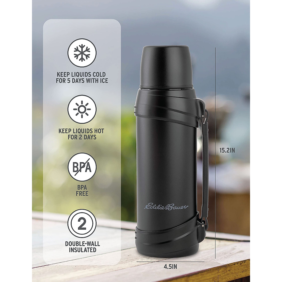 EDDIE BAUER Everest Stainless Steel Water Bottle for Men & Women - Double Wall Vacuum Insulated Water Jug 84oz BPA Free Water Flask with Handle - Everyday Water Drinking Use Hiking Camping - Black