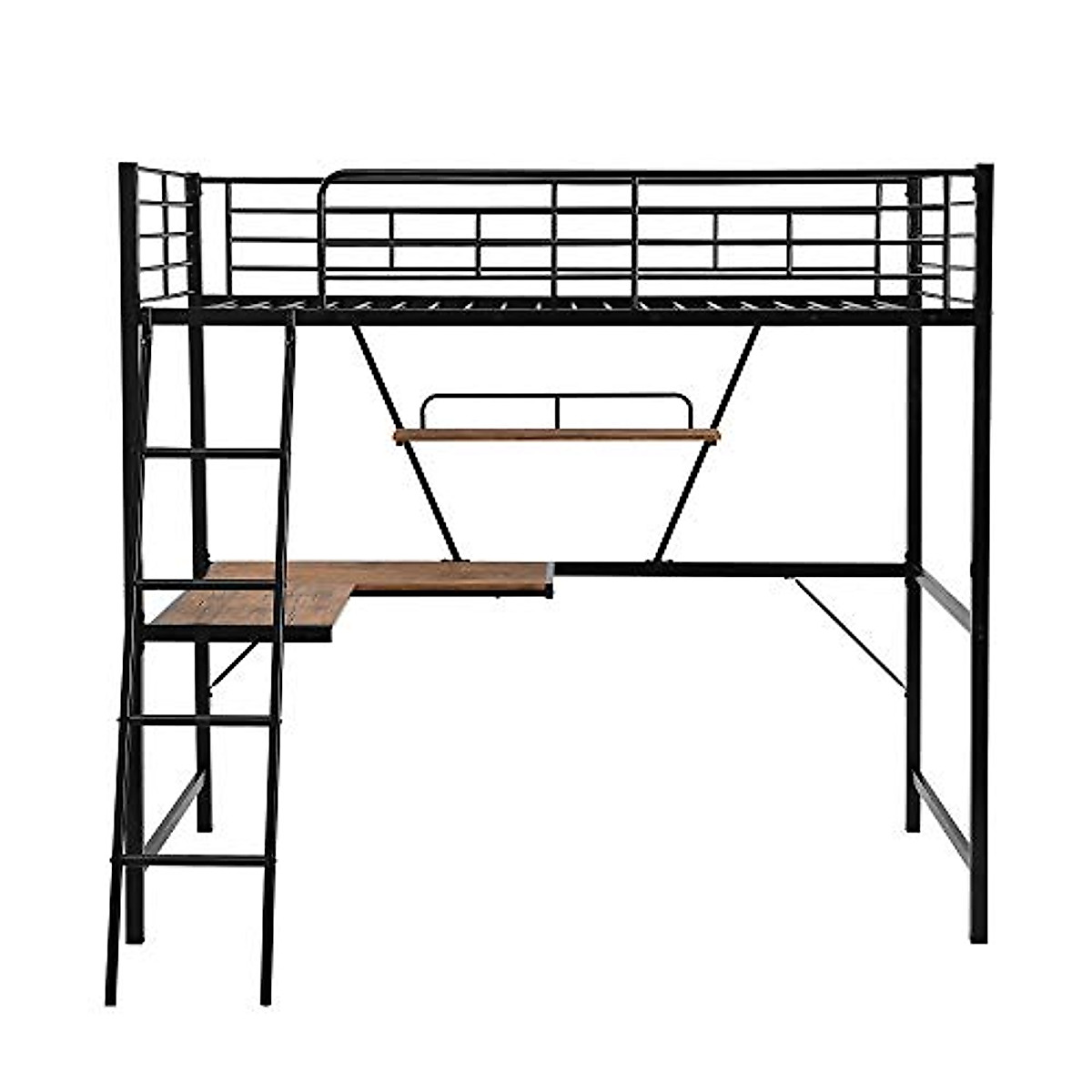MOEO Twin Size Metal Loft Bed with L-Shaped Desk and Shelf, Bedfram w/Guardrail for Kids, Home, No Spring Box Required, Black