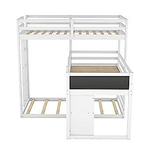WOXYX L-Shaped Wood Triple Twin Size Bunk Bed with Storage Cabinet and Blackboard, Ladder,White