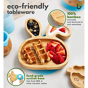 Bamboo Baby Plate with Suction - Kids and Toddler Suction Cup Plate for Babies, Non-toxic All-Natural Bamboo Baby Food Plate Stays Cool to the Touch for Baby-Led Weaning (Bunny-Orange)