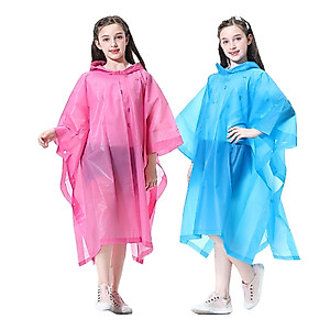YUNLOVXEE Rain Poncho Raincoats for Kids Reusable - 2 Pack EVA Waterproof Rain Coat with Hood Rain Jacket for Boys Girls (US, Alpha, One Size, Regular, Pink+Blue)