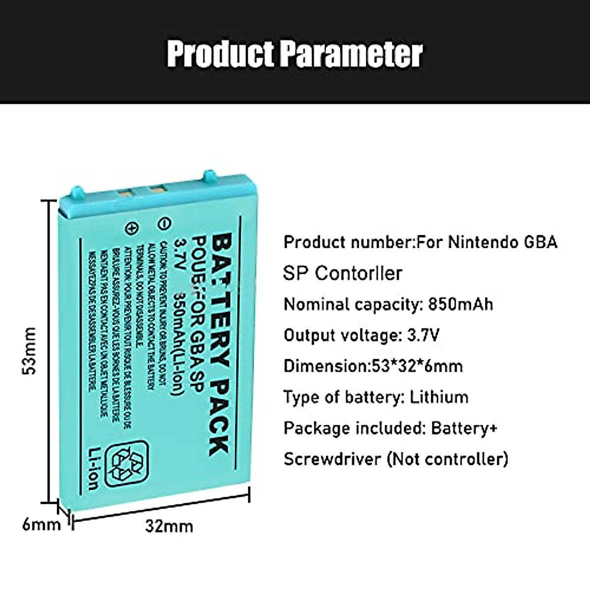 HANTOLK GBA SP 850mAh Rechargeable Lithium-ion Battery with Tool Pack Kit Compatible for Nintendo Gameboy Advance SP Battery
