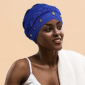 6 Pieces African Women Turban Headscarf Cap for Black Women Braided Head Wrap(Black, Grey, White, Wine Red, Yellow, Royal Blue, Bead Style)