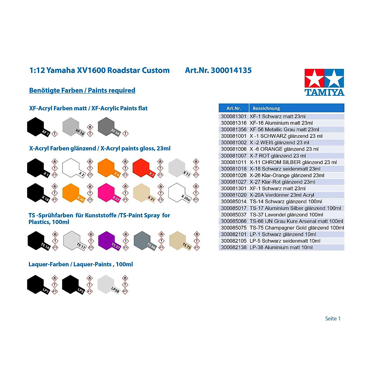 Tamiya 14135 1/12 Yamaha XV1600 Road Star Custom Plastic Model Kit