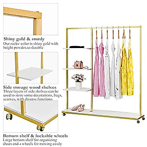 BOSURU Rolling Gold Clothing Racks on Wheels with Metal Pipes Modern Floor Standing Clothes Display Racks Hanging Clothes 4-Tier Garment Rack with Wood Shelves for Bedroom Living Room Cloth Store 59"
