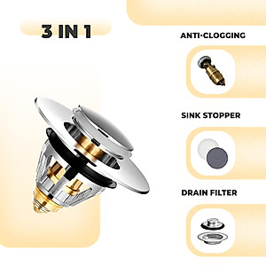 3 in 1 Ardorup Sink Stopper Hair Catcher Anti-Clogging Upgraded Chrome Stainless Drain Universal Hole Size 1.1’’-1.32’’ Drain Bathroom Strainer Bathtub Leak-Proof Pop-Up Tub for Stopper (DSARD)