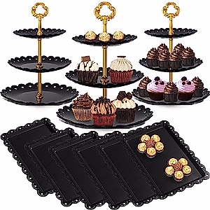 Potchen 9 Pcs Black Dessert Table Display Set Includes 6 Rectangle Cupcake Stand & 3 Round Tiered Serving Tray Cake Holder Plastic Plate Platters for Halloween Baby Shower (Flower Style), Gold
