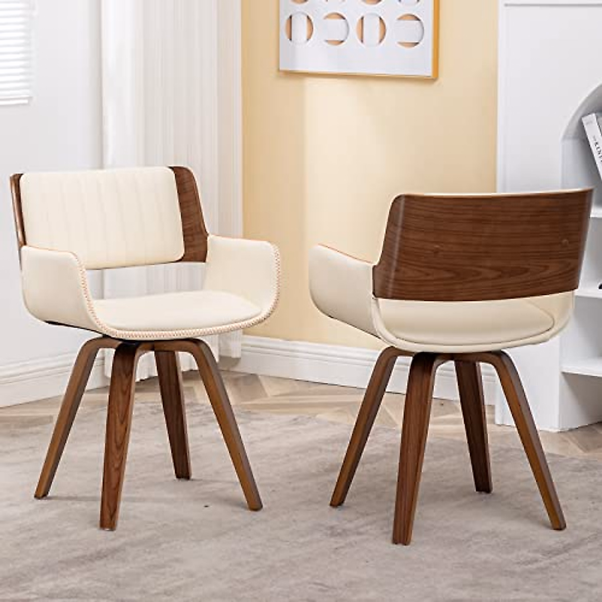 LUNLING Swivel Accent Faux Leather Dining Chairs Set of 2, Mid Century Modern Chairs with Wooden Legs/Armrest/Upholstered Seat/Adjustable Foots for Kitchen Dining Room Desk Chairs(Beige)