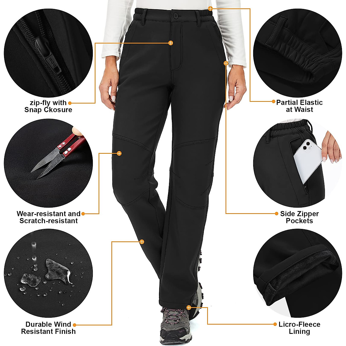 Women's Snow Fleece-Lined Soft Shell Insulated Waterproof Pants Tactical Winter Hiking,Camping,Travel 5022,Black,2