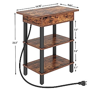 VIMBER End Table with Charging Station, Narrow Side Table with USB Ports and Outlets, Flip Top Bedside Table/Nightstand/Sofa Couch Table for Small Spaces, Living Room, Bedroom, Rustic Brown