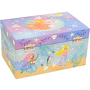 Jewelkeeper Girl's Mermaid Musical Jewelry Storage Box Pullout Drawer, Rainbow Design with Gold Foil, Over the Waves Tune
