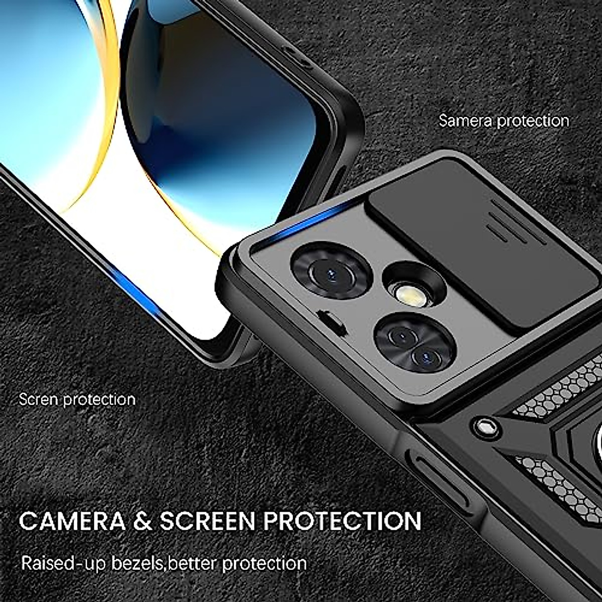 Dretal for OnePlus Nord N30 5G Case, with Stand Kickstand Ring and Camera Cover with Tempered Glass Screen Protector, Military Grade Shockproof Protective Cover for OnePlus N30 5G (Black)