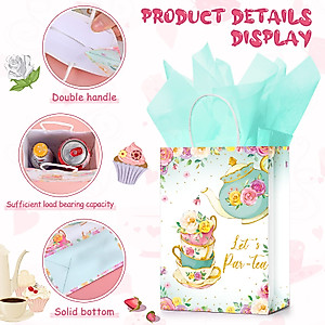 16 Pcs Tea Party Gift Bags with Tissue Paper Pink and Green Tea Party Goodie Treat Bags Spring Themed Bags Tea Baby Girl Paper Bags Floral Tea Party Supplies for Girl Kid Birthday Baby Shower Party