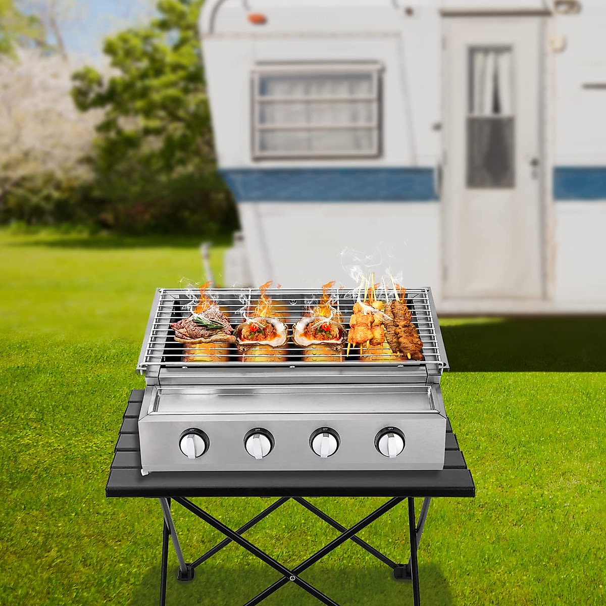 4 Burners BBQ Gas Grill, Commercial Gas Grill Griddle, Gas Indoor/Outdoor Grill BBQ Grill with Temperature Control, Flat Hotplate Smokeless Grill