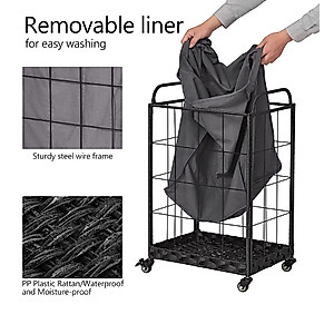 Laundry Hamper with Heavy Duty Rolling Lockable Wheels; Durable Laundry Basket with Detachable Liner Bag; Collapsible Clothes Hamper with Metal Handle (Grey)