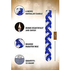 Ner Mitzvah Braided Havdalah Candle - 12-Pack Flat Blue and White Paraffin Wax - Handcrafted Havdallah Candle - Shabbat Judaica Gift