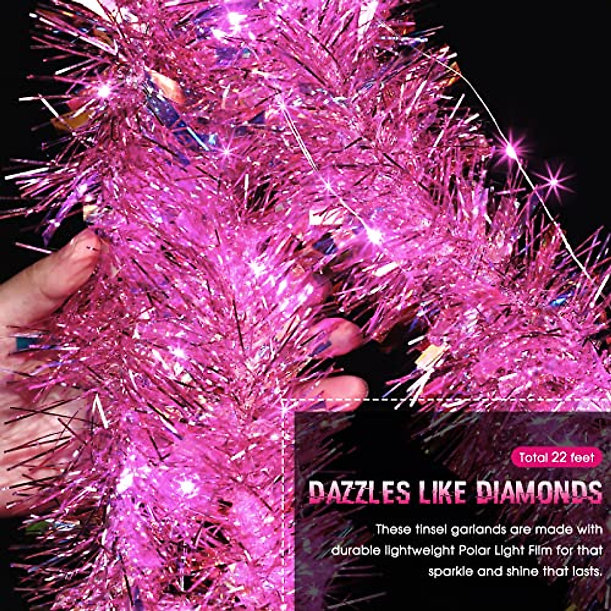 Canlierr 20 Feet Pink Christmas Tinsel Garland with LED Lights for Tree Hanging Decorations Party, Birthday, Weddings, Different Season Indoor Outdoor Events