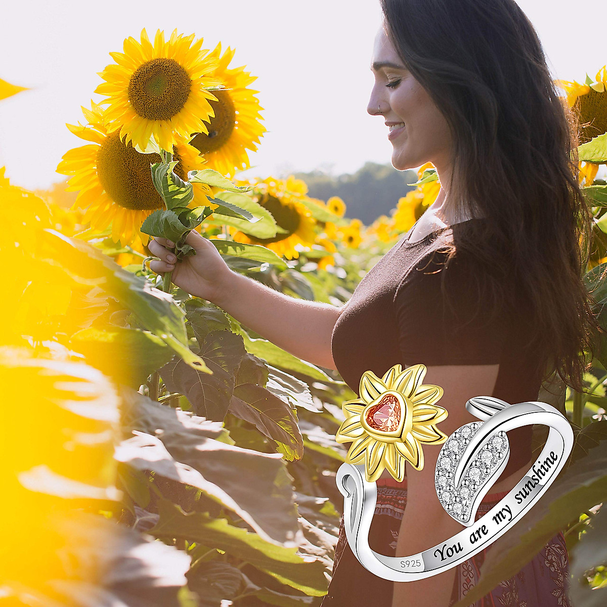 BEILIN You Are My Sunshine Sunflower Ring for Women S925 Sterling Silver I Love You Forever Promise CZ Heart Ring Adjustable Wrap Open Ring