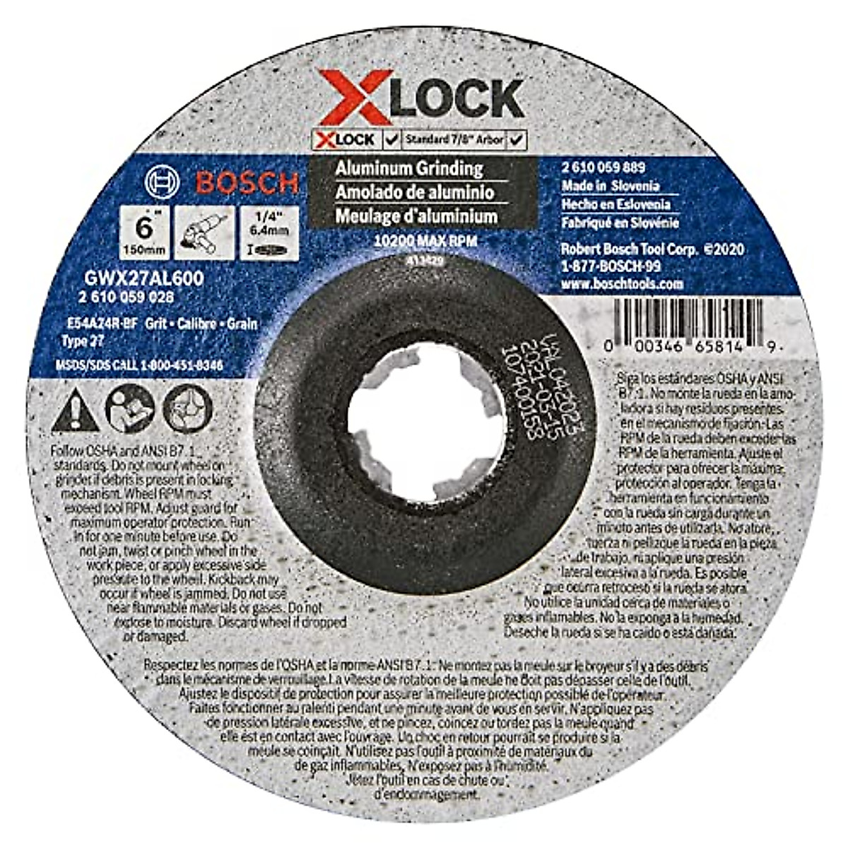 BOSCH GWX27AL600 6 In. x 1/4 In. X-LOCK Metal Grinding Abrasive Wheel 24 Grit Compatible with 7/8 In. Arbor Type 27 for Applications in Aluminum Grinding