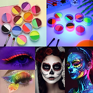 24 Colors Face & Body Paint with 2 Brushes UV Blacklight Neon Rainbow Face Painting Kit for Kids Adult Water Activated Graphic Eyeliner Glow In The Dark for Halloween, Cosplay, Parties & Stage Makeup