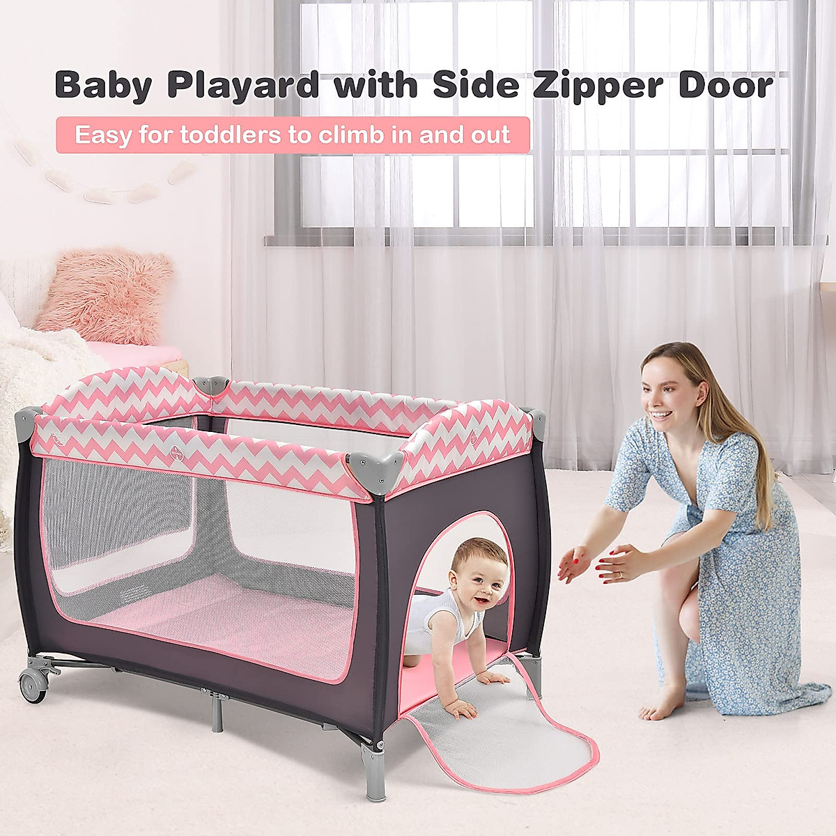 BABY JOY 4 in 1 Pack and Play, Portable Baby Playard with Bassinet, Side Zipper Door, Changing Table, Indoor Outdoor Travel Nursery Center w/Toy Bar, Lockable Wheels, Carry Bag